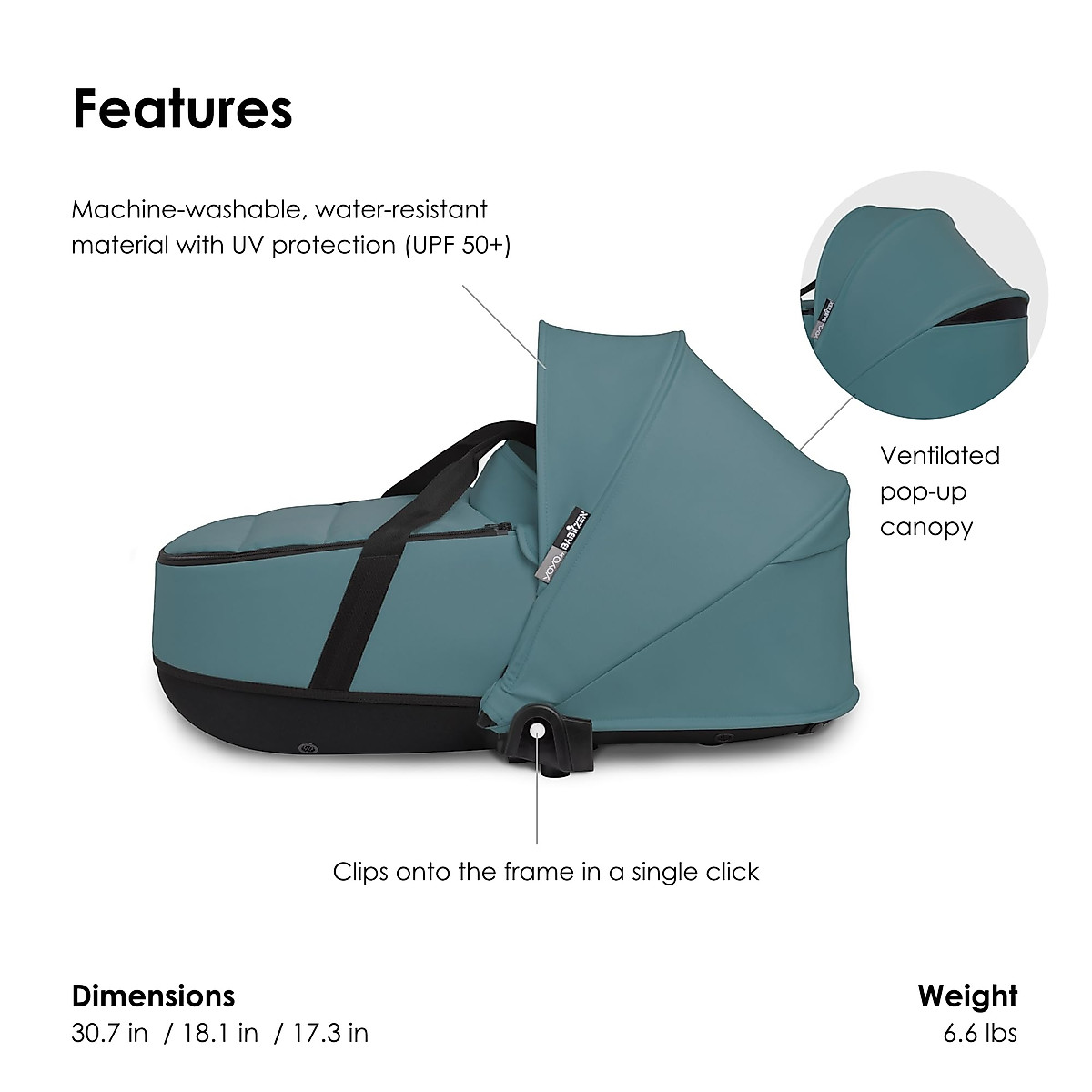 Babyzen YOYO 0+ Bassinet, Aqua - Includes Thick Double Mattress, Ventilated Shell & Canopy - Requires YOYO2 Frame (Sold Separately)