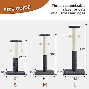 Lesure 29" Tall Cat Scratching Post - Premium Sisal Rope Highly Resistant Carpet Scratching Posts for Indoor Cats Adults, Sturdy Large Cat Scratch Pole with Hanging Ball, Grey(29 inch)
