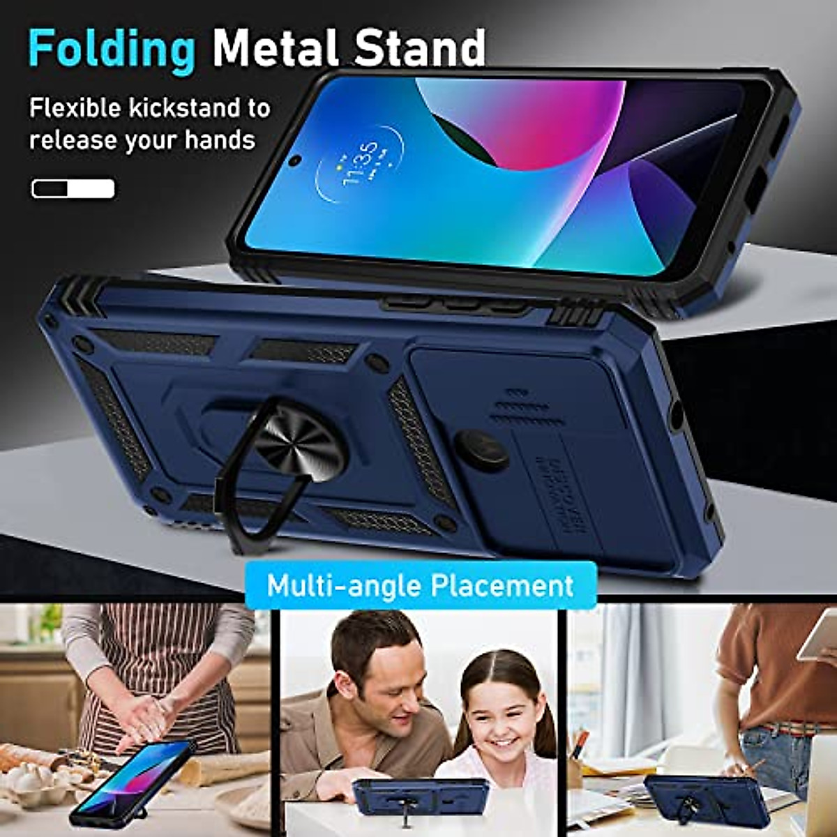 Motorola Moto G Play 2023 Case,Moto G Power 2022/Moto G Pure Case Built in Slide Camera Lens Cover+Screen Protector+Finger Ring Holder Kickstand,Heavy Duty Shockproof Full Body Phone Cover,Blue