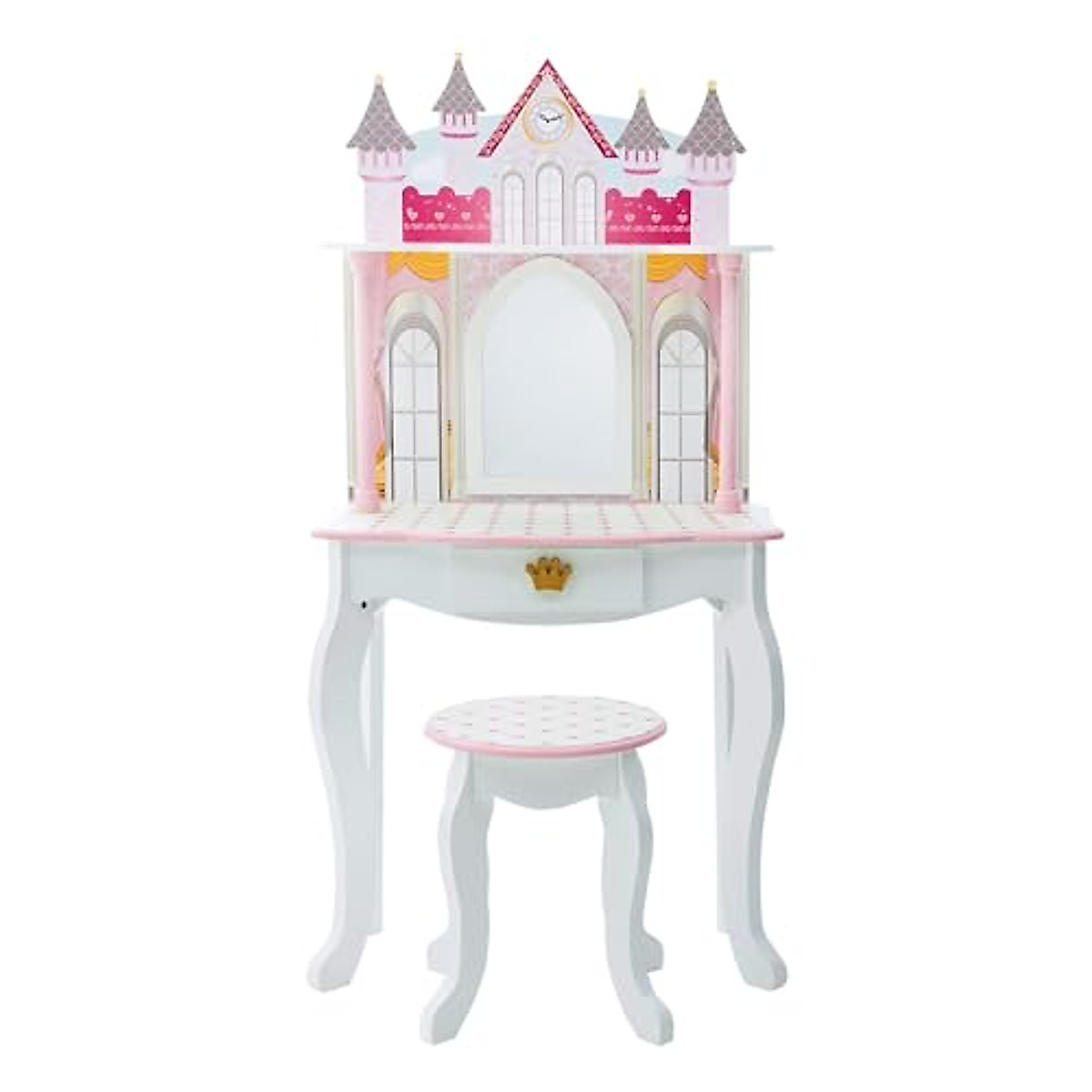Teamson Kids Dreamland Princess Play Vanity Set with Mirror, Shelf, Storage Drawer, Stool, and Accessories for 12" Dolls, White an Pink