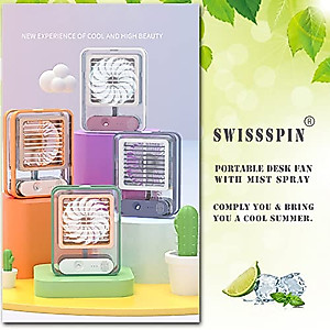 Small Desk Fan with Mist Spray,LED Night Light,Electric Battery Operated Water Misting Fan,USB Rechargeable Portable Quiet Mini Desktop Table Cooling Fan for Office,Camping,Indoor,Outdoor (Green)