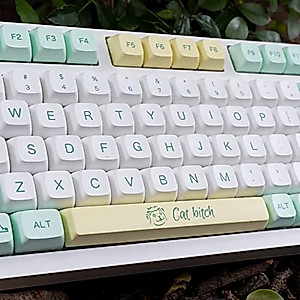PBT Cat White Cyan Keycaps Set XDA Profile 130 Keys Custom Dye-Sub Cute Keyboard Keycaps for 60% 65% 70% 100% Cherry Gateron MX Switches Mechanical Keyboards