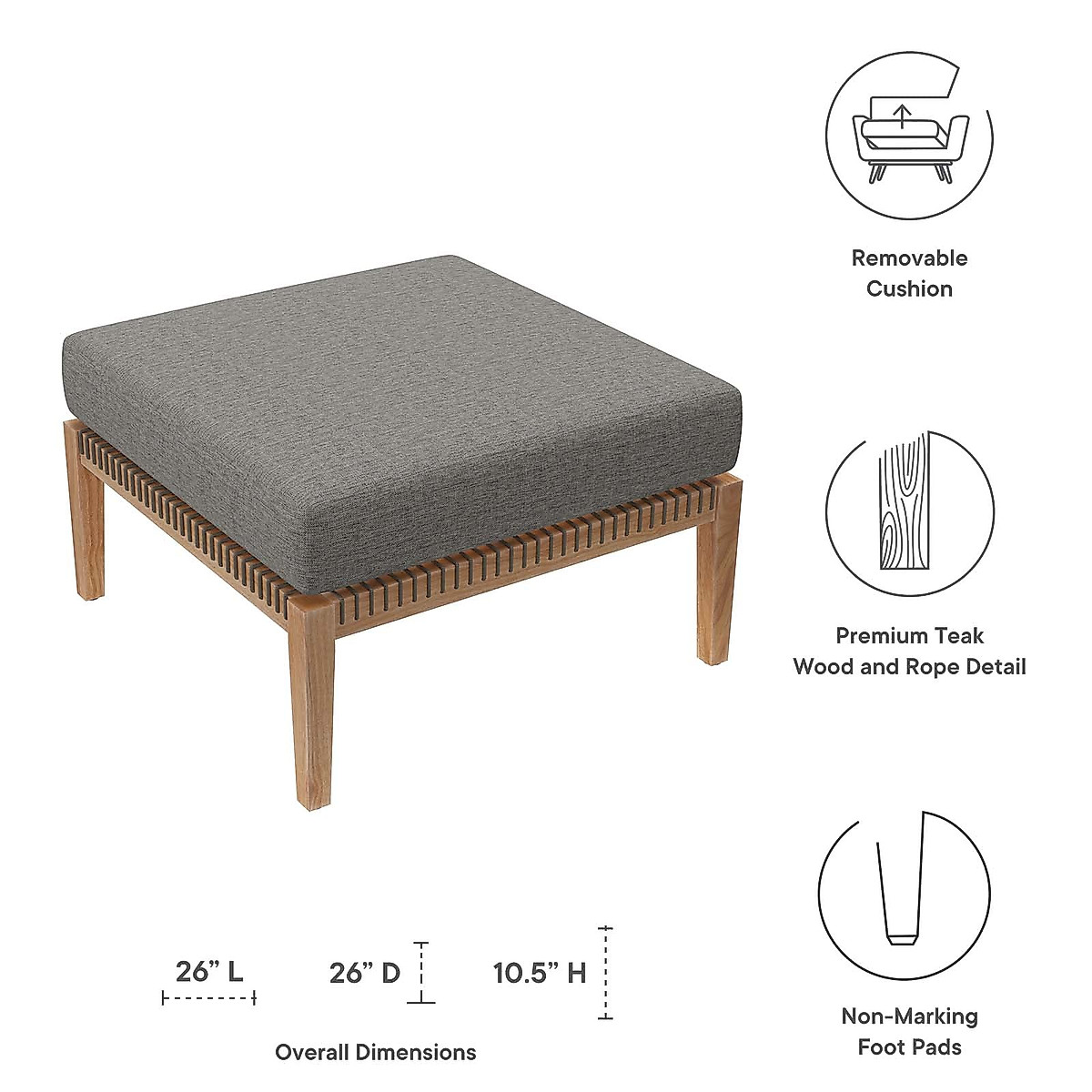Modway Clearwater Outdoor Patio Teak Wood Ottoman in Gray Graphite