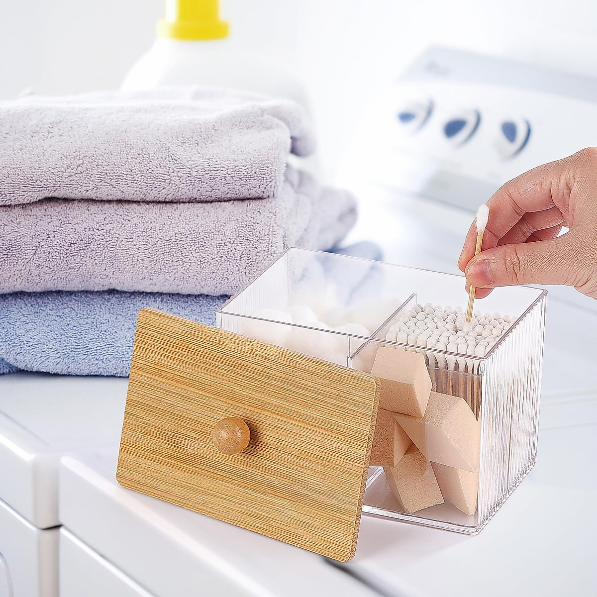 Ohlove Qtip Holder with Bamboo Lids, 3 Compartments Cotton Ball/Swabs Dispenser, Apothecary Jar Clear Plastic Bathroom Container for Storage and Organizer