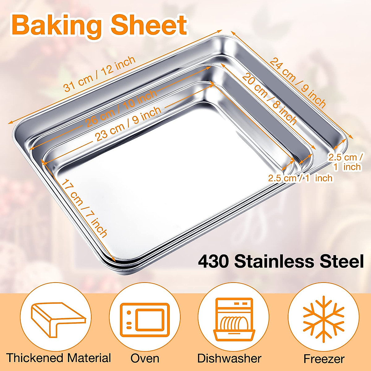 Baking Sheet Set of 6 Stainless Steel Cookie Sheet Baking Pans Set 9/10/12 Inch Baking Tray Bakeware Toaster Oven Pan, Easy Clean and Dishwasher Safe, Silver