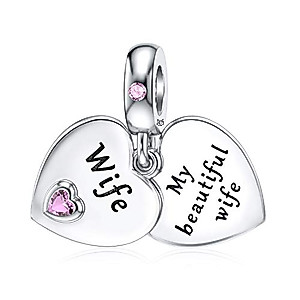 JIAYIQI Wife Charm Fit Pandora Charms Bracelet 925 Sterling Silver Dangle Beads with Cubic Zirconias Heart Shape Love Charms for Women Birthday Valentine's Day Present
