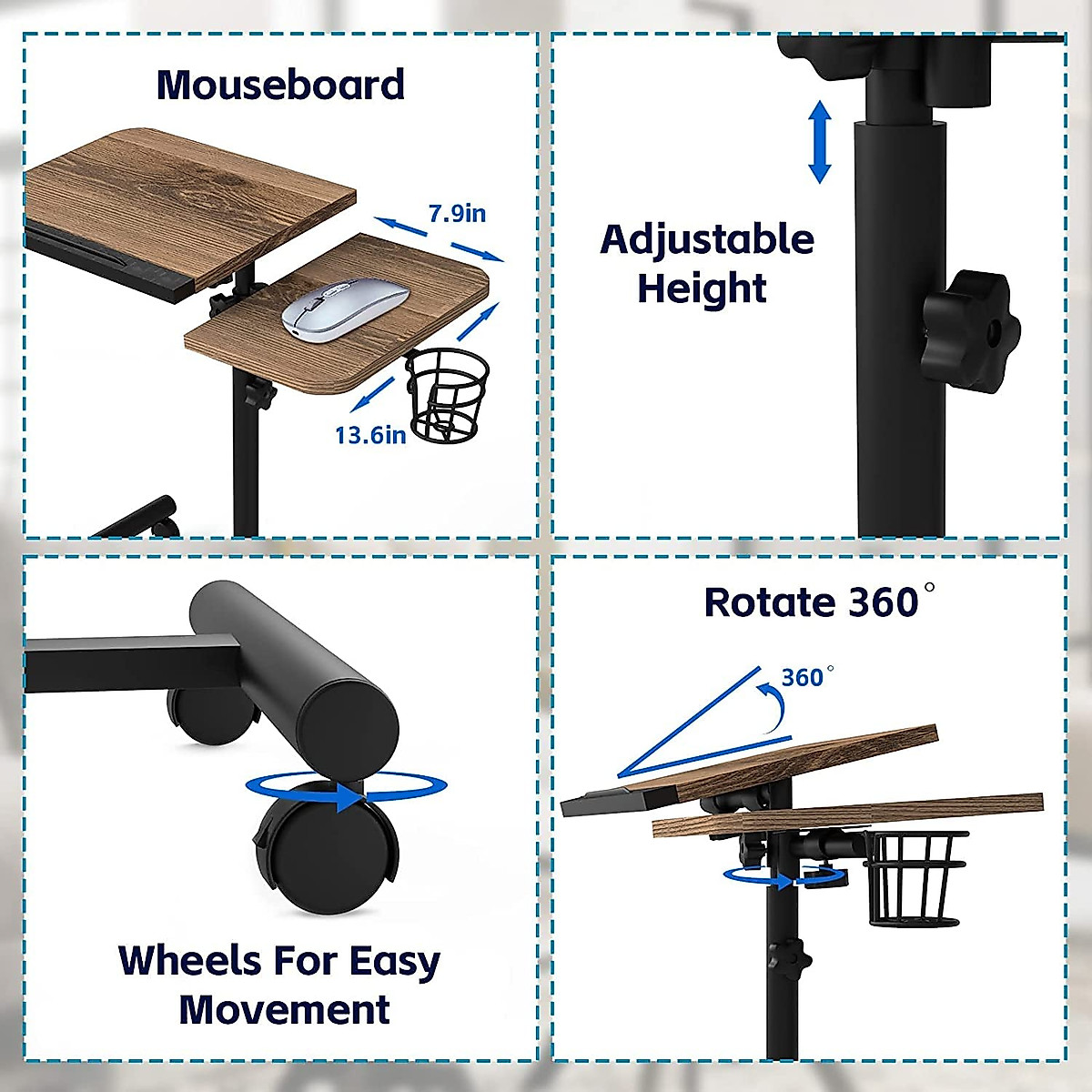 Dtadvlo 23'' Rolling Computer Desk，Portable Laptop Desk，Mobile Portable Laptop Desk, Height Adjustable Laptop Sit to Stand Up Desk，Overbed Table with Wheel Adjustable Height Desk