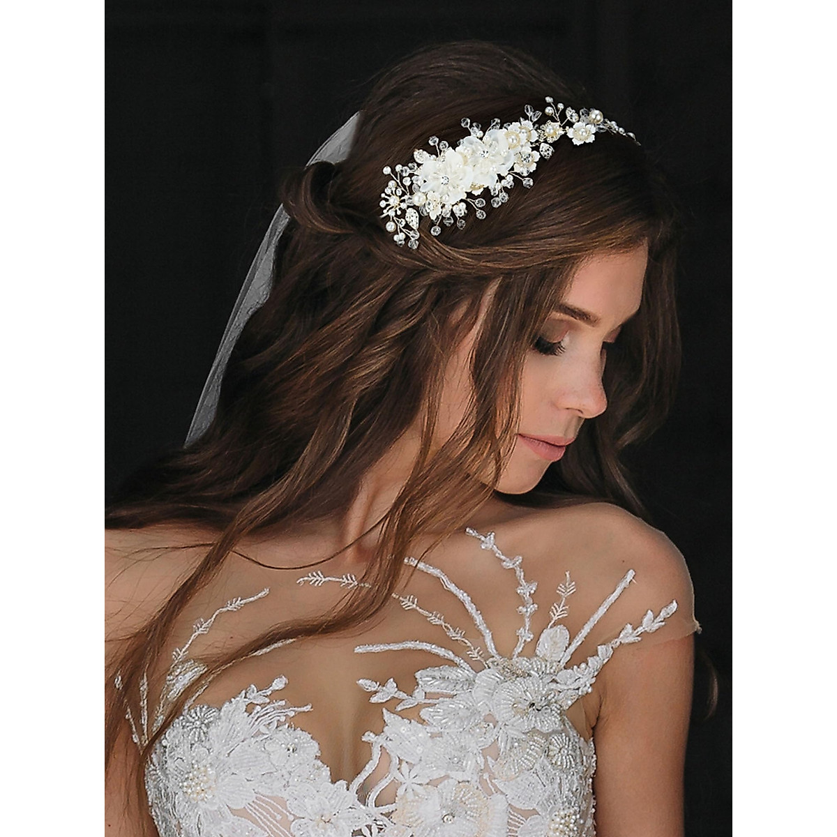 SWEETV Pearl Bridal Headband Sliver Wedding Headpieces for Bride, Crystal Flower Hair Accessories for Women Girls
