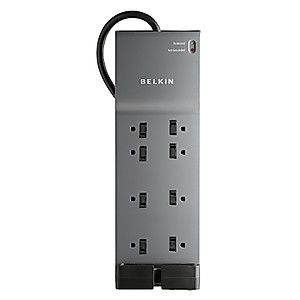 Belkin BE108230-06 8-Outlet Power Strip Surge Protector w/Flat Plug, 6ft Cord (3,550 Joules),Black & 12-Outlet Power Strip Surge Protector w/ 8ft Cord (3,940 Joules), Gray