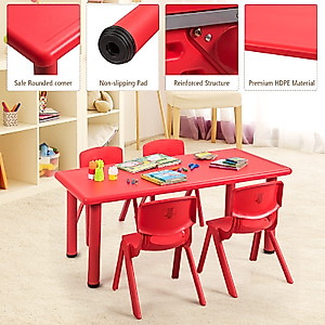 HONEY JOY Kids Table and 4 Chair Set, 48 x 24 Inch Children Rectangular Study Table with Stackable Seats, 4 Pcs Plastic Activity Toddler Furniture Set for Playroom Daycare, Gift for Boys Girls (Red)