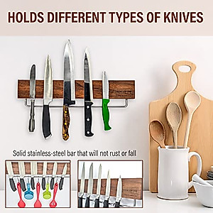 16 Inch Magnetic Knife Holder - U-Gen Real Walnut Wood Magnetic Knife Holder for Wall - Powerful Magnetic Knife Strip with Hooks - Easy to Install - Perfect for Kitchen Utensils and Knives Storage
