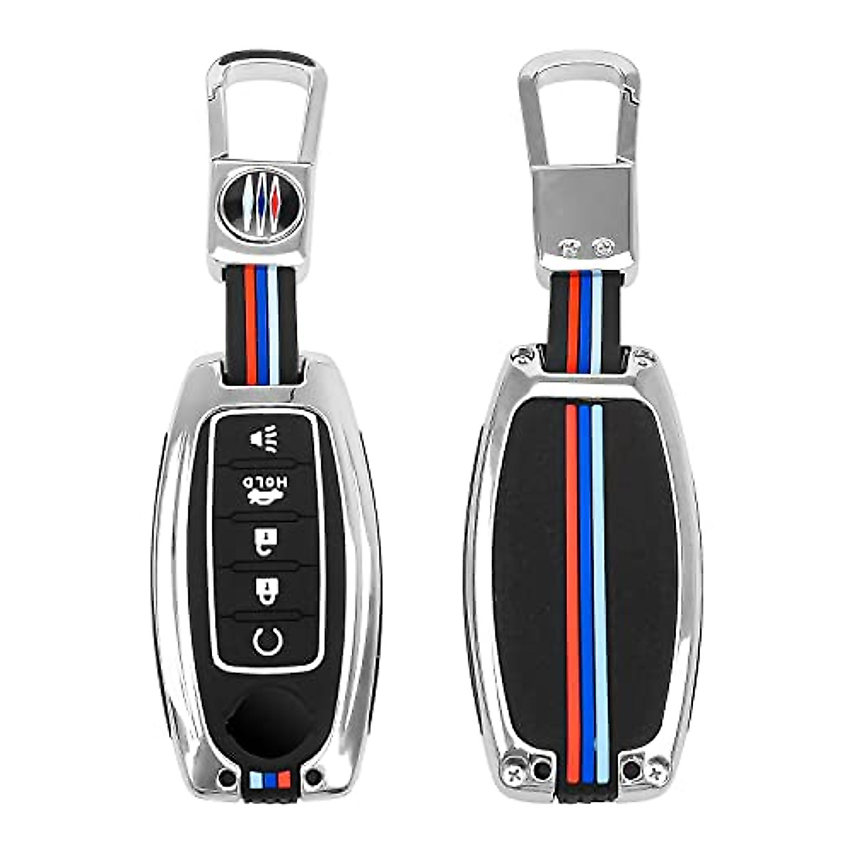 Key Fob Cover with Key Chain Only Fit for Nissan 5 Buttons Smart Key, Soft Silicone Full Protection and Metal Shell Smart Key Case, Silver