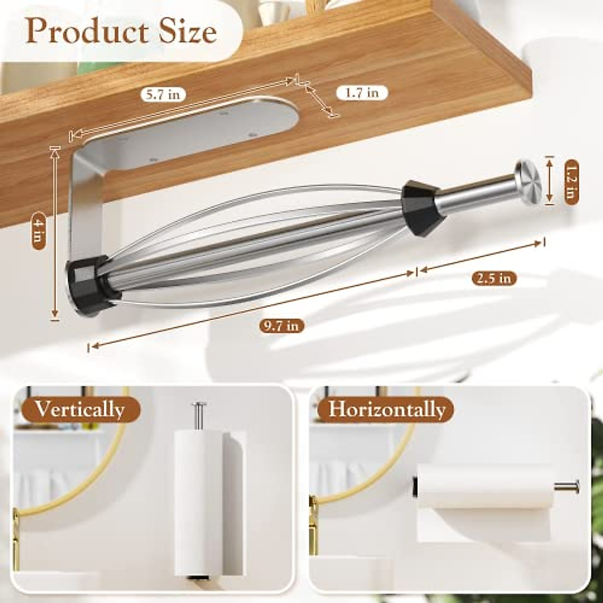 Paper Towel Holder Under Cabinet, Effortless Tear and Space-Saving, Single Hand Operable Paper Towel Holders with Damping Effect, Self-Adhesive or Drilled Paper Roll Holders for Kitchen, Bathroom, RV