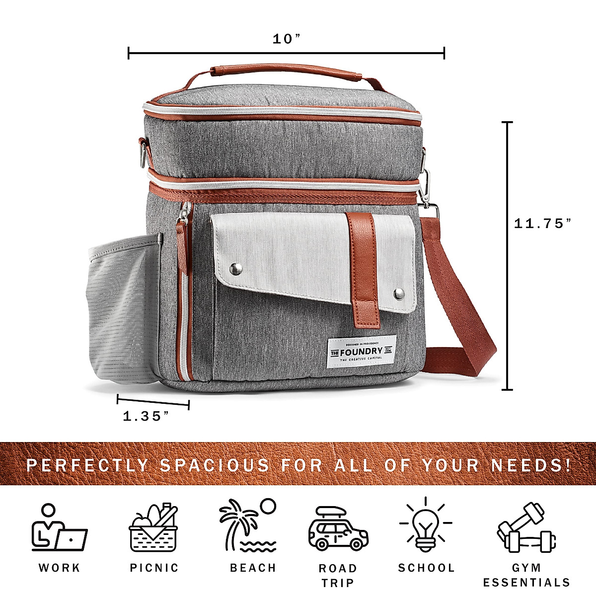 Fit & Fresh Foundry Extra Large Insulated Lunch Box for Men & Women, Large Lunch Bag for Meal Prep, Double Decker Adult Lunch Box for Men with Containers, Adjustable Strap, Dual Compartment, Steel