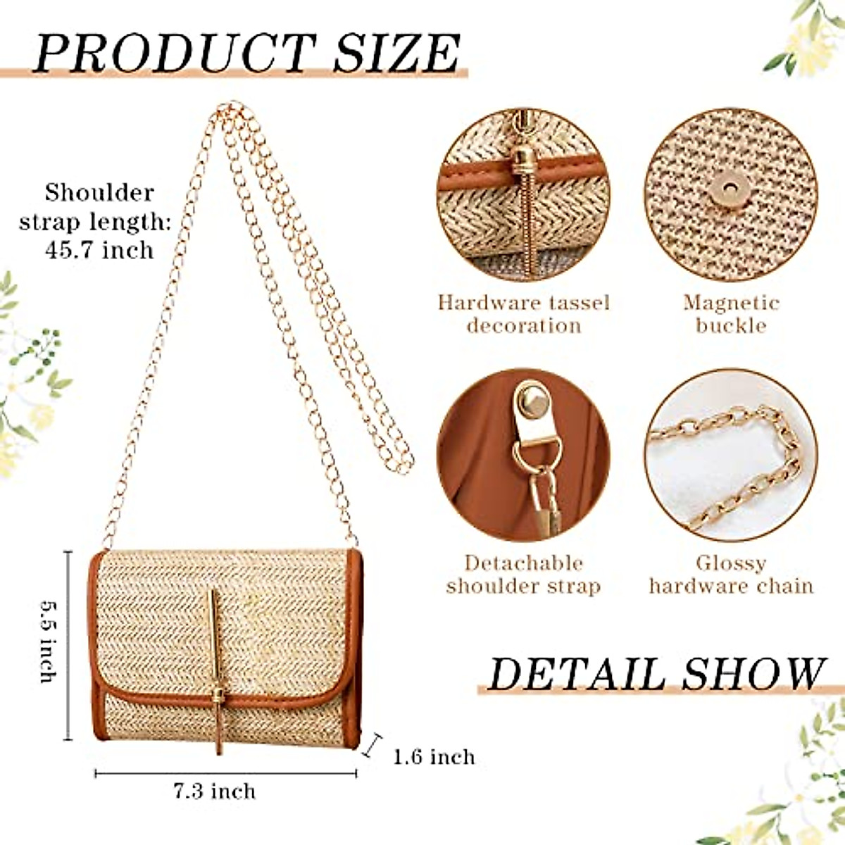 Straw Bag for Women Beach Purse Shoulder Bag Hand Woven Straw Clutch Summer Crossbody Bag with 4 Pairs Rattan Earrings Lightweight Statement Straw Earrings