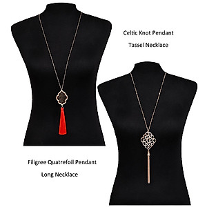 ALEXY 2Pcs Long Chain Pendant Necklace Set, Filigree Quatrefoil and Celtic Knot Pendant Tassel Y Necklaces for Women (B Gold + Gold)