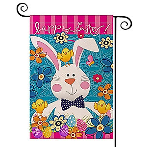 Happy Easter Garden Flag, Double Sided 12” x 18” Linen Tulip and Bunny Yard Flag for Spring Outside Yard Outdoor Farmhouse Easter Decorations (Blue)
