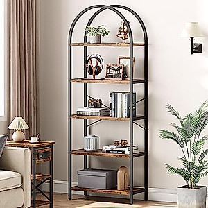 IDEALHOUSE Bookshelf 5 Tier Bookcase Arched Display Racks Tall Standing Bookshelves Metal Frame Rustic Storage Rack Shelf Brown Book Shelf for Bedroom, Living Room, Home Office, Rustic Brown