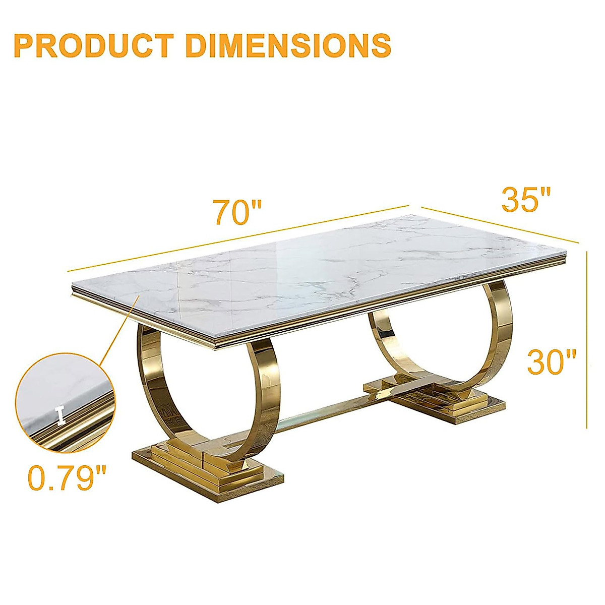 70" Modern Marble Dining Table, Luxury Gold Rectangular Kitchen Table for 6-8, Mid-Century White Faux Marble Dining Room Table with Mirrored Stainless Steel Pedestal Base for 6