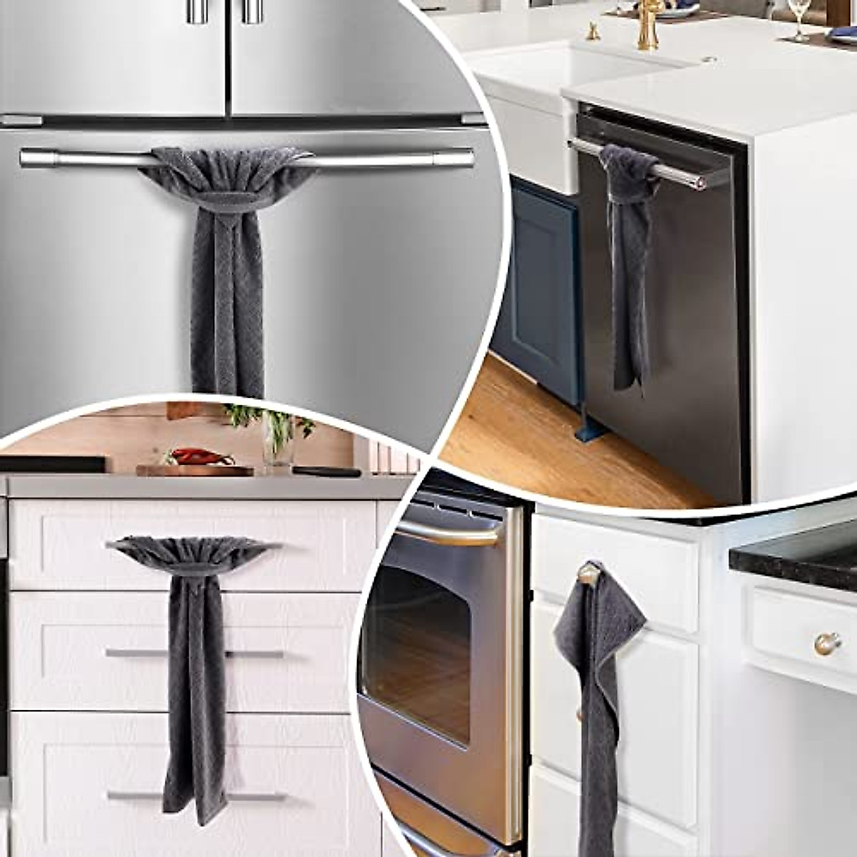 Grey Hand Towels with Hanging Loops - Set of 2 Gray Kitchen Towels, Hanging Kitchen Towels with Hanging Loop, Grey Dish Towels with Loops for Hanging, Oven Towel Loop Without Buttons or Snaps (Long)