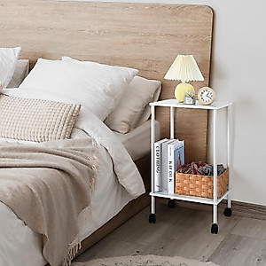 Vrisa End Tables Living Room Industrial Narrow Side Tables Nightstand with Wheels Bedside Table with Storage Shelves for Small Spaces Bedroom Living Room Guest Room Couch, White