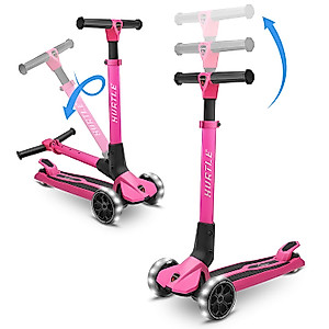 Hurtle 3 Wheeled Scooter for Kids - Foldable Stand Child Toddlers Toy Kick Scooters w/Built-in LED Wheel Lights, Anti-Slip Wide Deck, Adjustable Height, Great for Outdoor Fun -, Pink