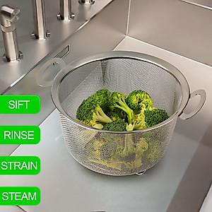 Tiawudi 2 Pack Strainers for Kitchen, 18/8 Stainless Steel Colander with Handles, Fine Mesh Strainer for Pasta, Rice and Fruit, Sieve with Resting Feet to Strain, Rinse, Steam or Cook Vegetables