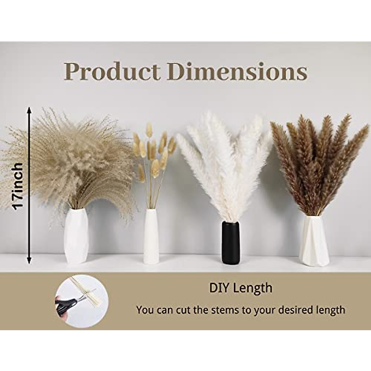 Pampas Grass Boho Home Decor, 75Pcs Natural Dried Carefully Hand-Picked Fluffy Pompas Grass 17", White & Brown Pampas Grass, Reed, Bunny Tails for Flower Arrangements Boho Wedding Home Décor