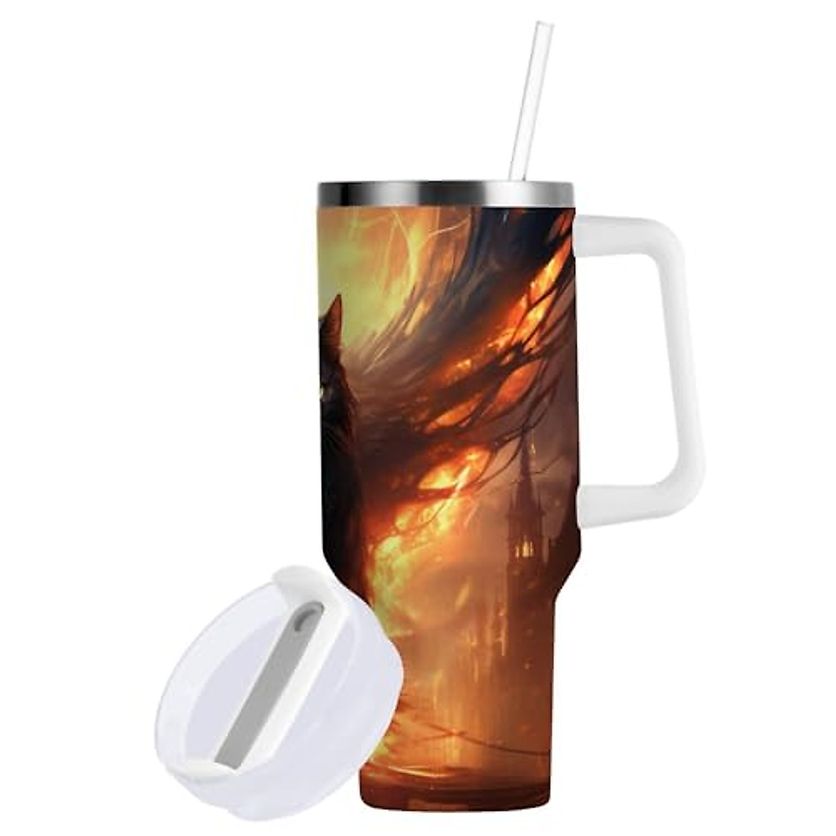 ARGTILDN 40 oz Tumbler Black Cat Fire Insulated Travel Mug with Handle and Straw Lid Stainless Steel Vacuum Coffee Cup Tea Beverage Container Water Bottles for Car Sports office
