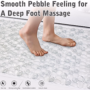 Pebble Shower Mat Non Slip, 35 X 15.7 Inch Bathtub Mat with Suction Cups, Drainage Holes for Shower, Tub, Bathroom, Machine Washable (Clear)