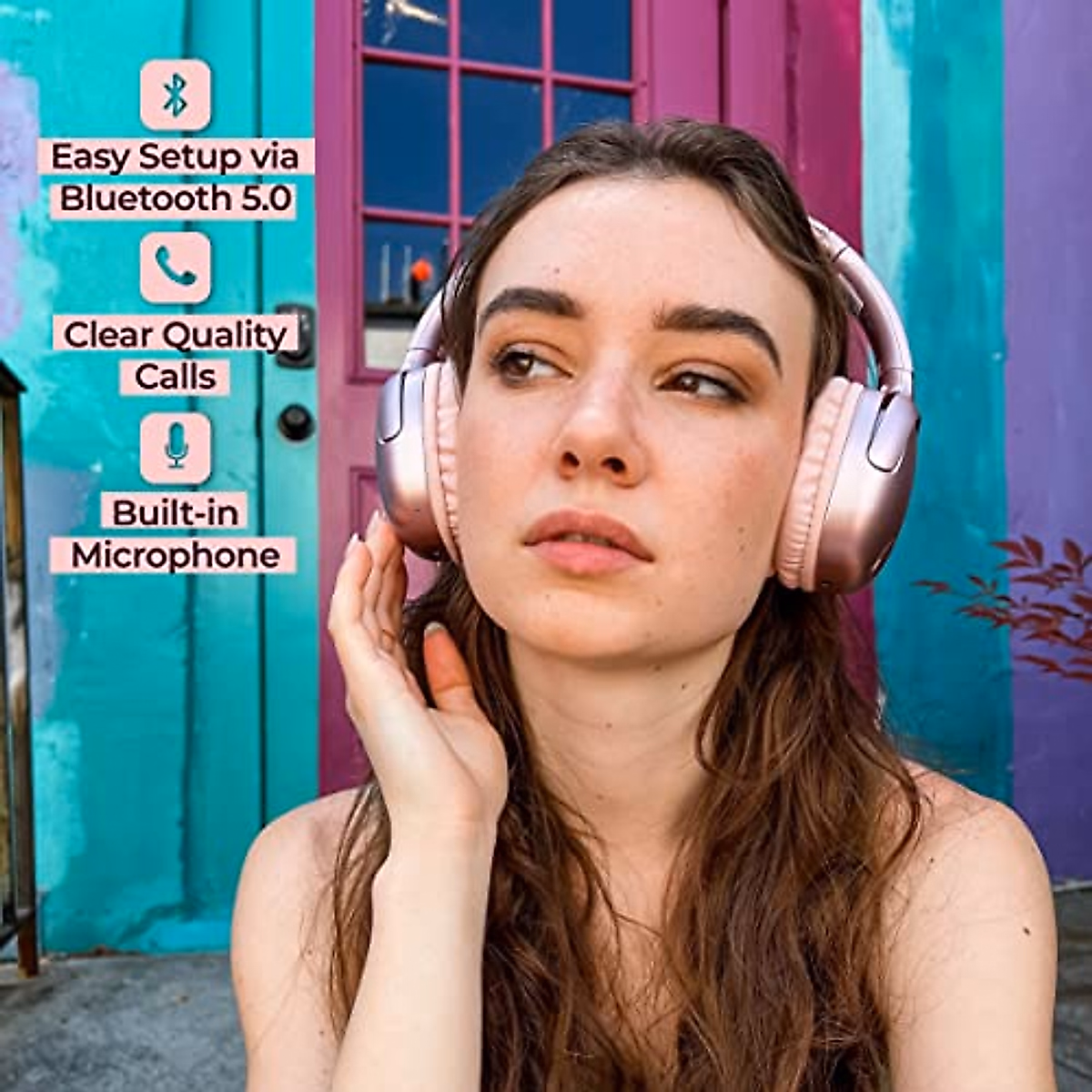 PowerLocus Bluetooth Headphones Over Ear, [Bass-Mode Button] Wireless Headphones, Foldable Hi-Fi Stereo, Soft Memory Foam Earmuffs, Metal Extendable Sides, Headset with Microphone for Phone/PC/TV