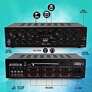 Pyle Bluetooth Home Audio Amplifier System-Upgraded 6 Channel 750 Watt Wireless Home Audio Sound Power Stereo Receiver w/USB, Micro SD, Headphone,2 Microphone Input w/Echo, Talkover for PA - PTA62BT.5