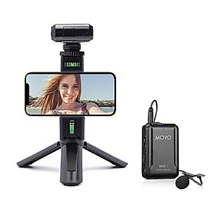 Movo Smartphone Vlogging Kit with Wireless Lavalier Microphone, Mini Tripod, and Rotating Phone Holder for Tripod - Wireless Lapel Microphone for iPhone and Android Smartphones, DSLR Camera, and More