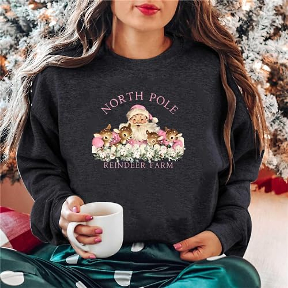 GATXVG North Pole Reindeer Farm Women's Long Sleeve Pullover Christmas Elk Print Plus Size Tops Round Neck Loose Sweatshirt Blue