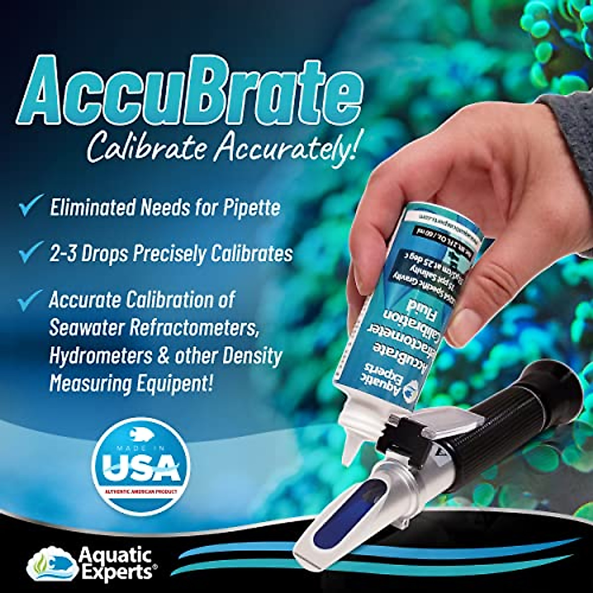 AccuBrate Refractometer and Hydrometer Salinity Calibration Fluid – Solution to Accurately Calibrate Refractometer and Hydrometer for Testing Natural Saltwater or Synthetic Sea Water (60 ml)