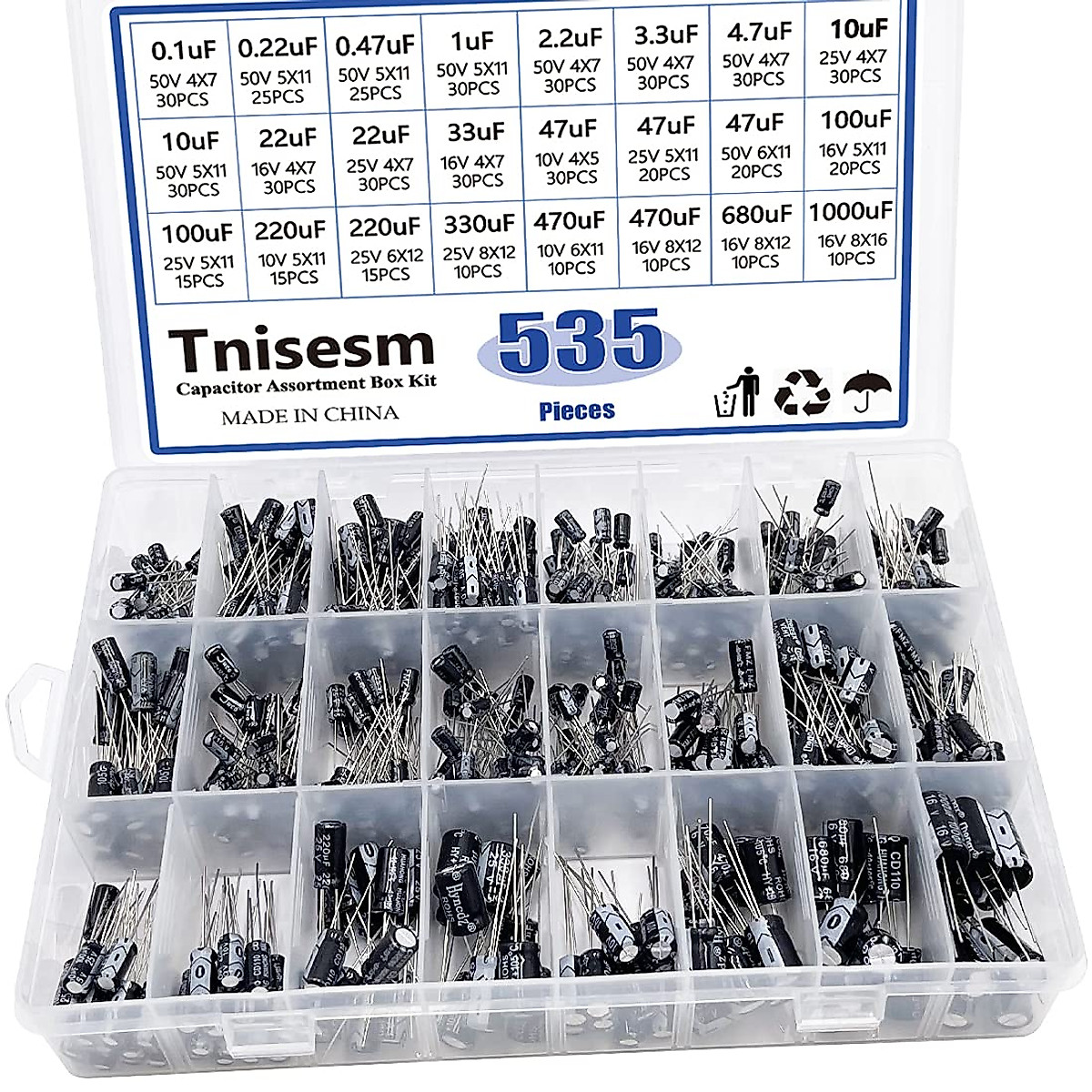Tnisesm 535Pcs Electrolytic Capacitor 24 Value Range 0.1uF－1000uF Assortment Kit with Aluminum Radial Leads TN04-24Z