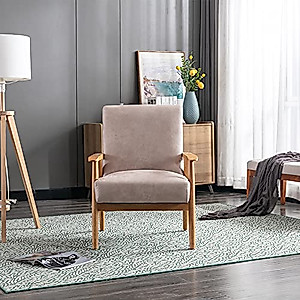 freemax Mid Century Accent Armchair Wood Leather Lounge Chair with Suede Cushion and Soft Sponge, for Living Room Bedroom Reading Room (Beige)