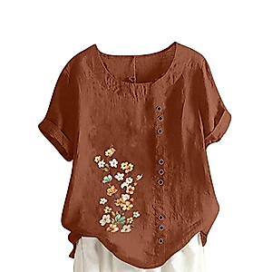 Summer Women Cotton Linen T-Shirt Casual Floral Pattern Blouses Tops Short Sleeve Crewneck Loose Tunic Comfy Soft Tees Coffee