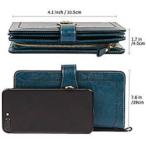 Pearl Angeli Women Wallet Genuine Leather Charming Ladies Wristlet Tri-fold Rfid Blocking Credit Card Holder Organizer Clutch Navy (Peacock Blue)
