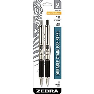 Zebra Pen G-402 Retractable Gel Pen, Stainless Steel Barrel, Fine Point, 0.5mm, Black Ink, 2-Pack
