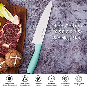 AOKEDA 15pcs Kitchen Knife Set with Block, Sharpener and Scissor, Stainless Steel Knives with Extre-light Straw Handle (Mint Green)