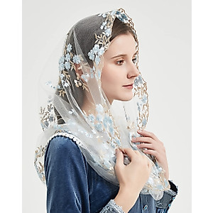 YuRongsxt Lace Infinity Chapel Veil Mantilla Veil Multicolored Embroidered Cherry Blossom Style Latin Mass M7 (Marian Blue+Pale Gold)