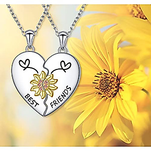 JZMSJF S925 Sterling Silver Best Friends Necklaces Matching Heart Friendship Necklaces for 2 Sunflower BFF Gifts Jewelry Set