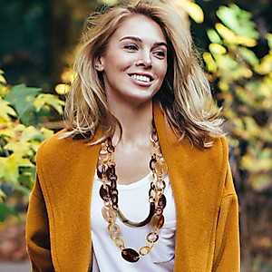 Bling Jewelry Earth Tone Brown Handmade Natural Buffalo Horn Long Round Disc Oval Multi Link Chain Necklace for Women 36 Inches