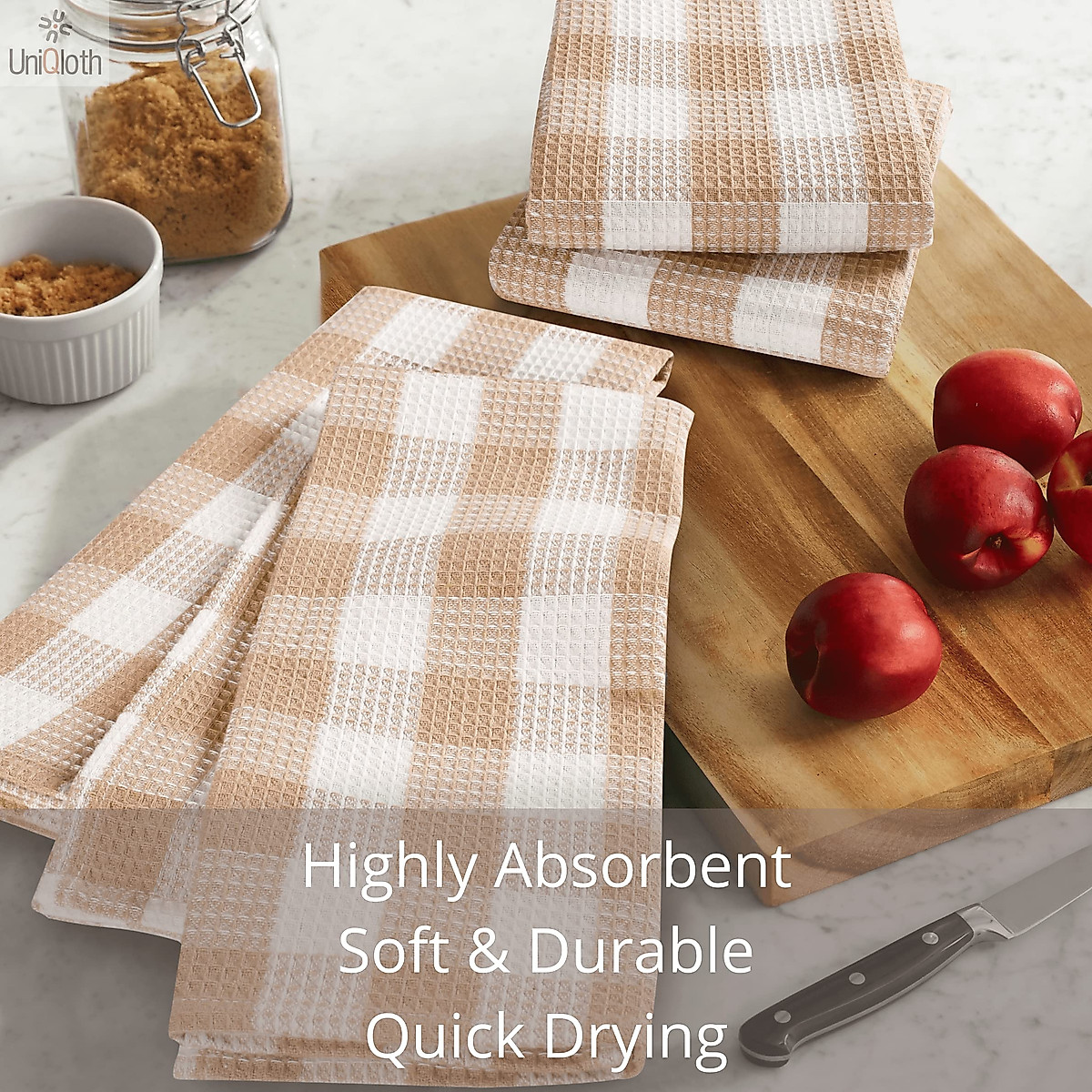 UniQloth 8 Pack Buffalo Plaid Waffle Kitchen Dish Towels 100% Cotton - Farmhouse Kitchen Towels Hanging - Soft Absorbent Quick Drying Durable Reusable Hand Towels for Kitchen 16x26 Grey