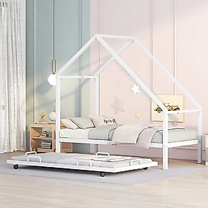 Metal House Bed with Trundle, Montessori Bed Twin Size Platform Bed Frame with Roof, Tent Bed, Modern Style Heavy-Duty Steel Frame Playhouse Bed for Kids Teens Girls Boys (Twin, White)