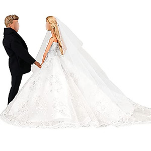 BARWA Wedding Set White Wedding Dress with Veil and Formal Suit Outfit for Boy & Girl Dolls
