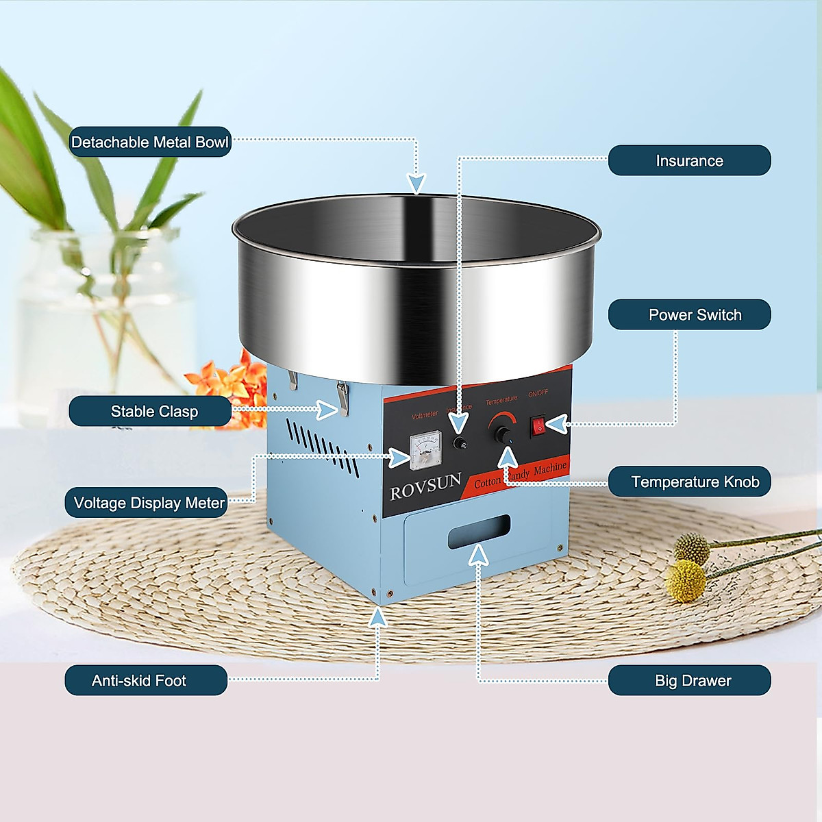 ROVSUN Cotton Candy Machine 21 Inch, Electric Commercial Cotton Candy Maker Machine Candy Floss Machine w/Stainless Steel Bowl, Sugar Scoop and Large Storage Drawer Home Party Carnival, Blue