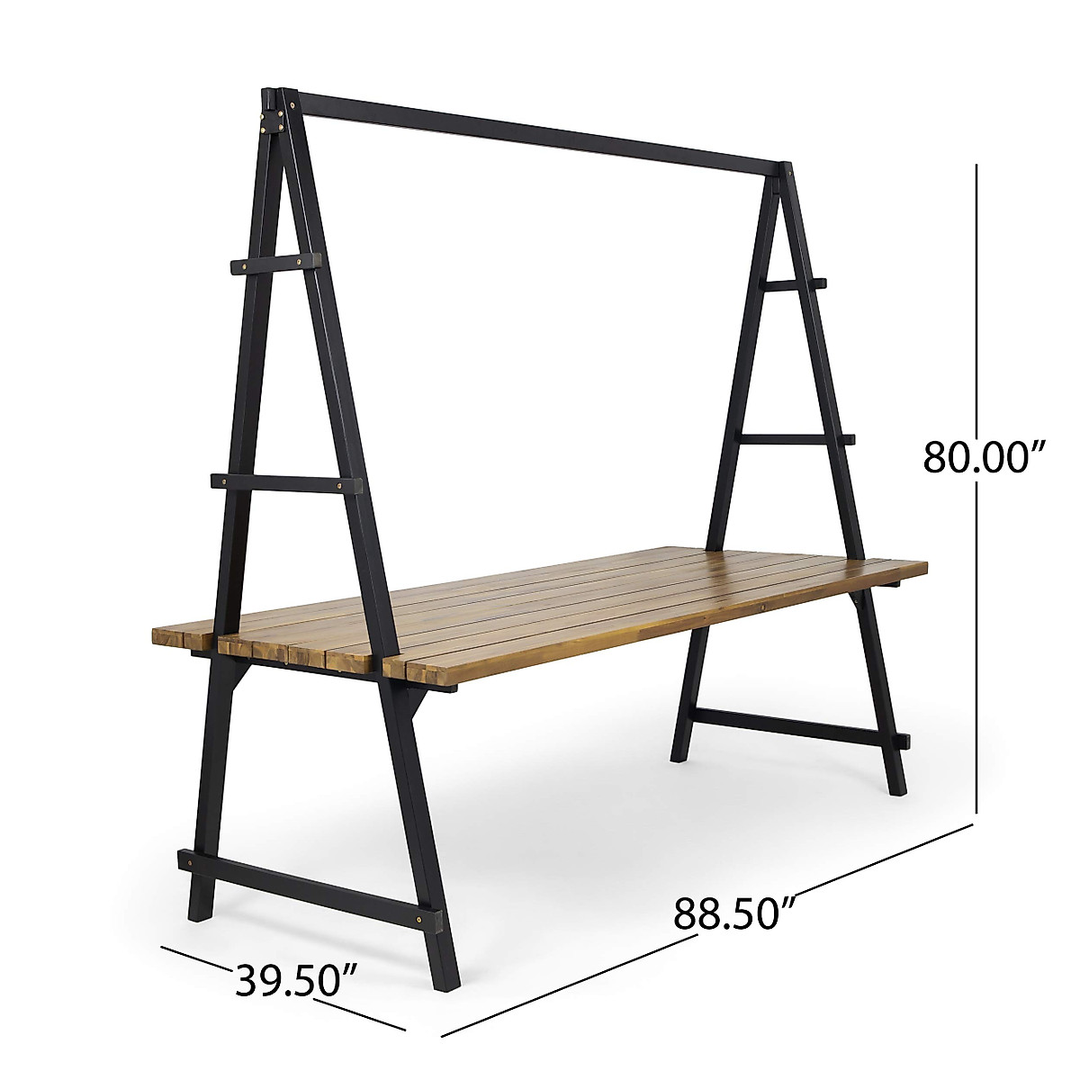 GDFStudio Outdoor Acacia Wood 88.5" Dining Table with Iron Plant Hanger, Finish and Black