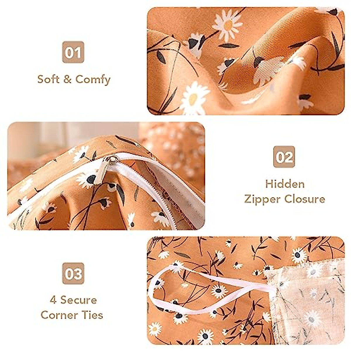 Lekesky Cotton Duvet Cover Queen Size - 100% Washed Cotton Orange Pattern Floral Duvet Cover for All Season, Soft and Breathable Bedding Set with Zipper Closure & Corner Ties
